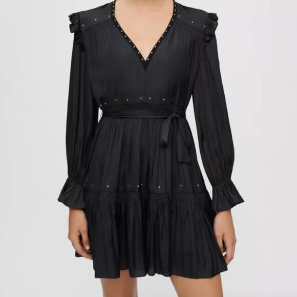 Maje | Dresses | Maje Black Satin Mini Dress With Gold Studs Xl | Poshmark